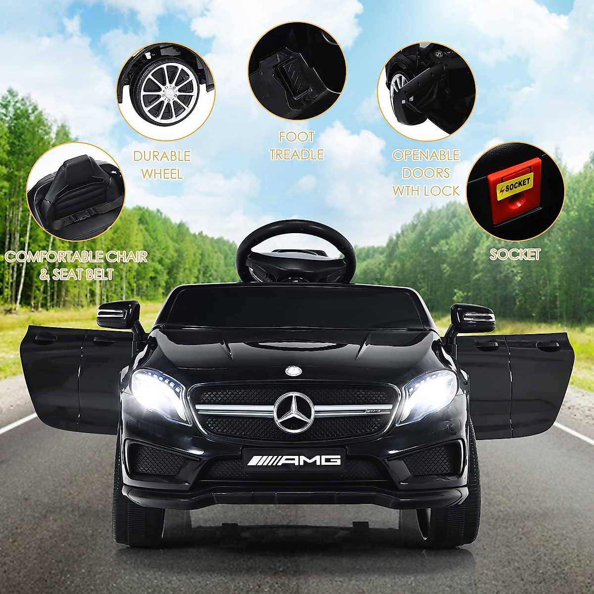 INFANS 12V Electric Kids Ride On Car, Licensed Mercedes Benz GLA45 Toy Car with Remote Control, MP3 Plug, USB, 2 Speeds, LED Lights, Battery Powered Toy Vehicle for Toddler Children (Black)