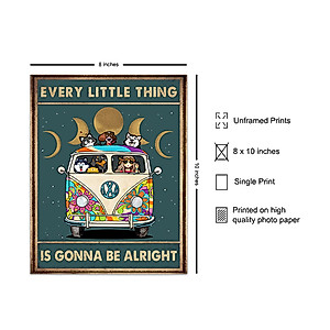 Flower Child Hippie Wall Art - Cute Positive Saying Wall Art - Retro Inspiration Gift for Woman - 60's Hippie Room Decor - Boho-chic hippie bus Poster - Every Little Thing Is Gonna Be Alright 8x10