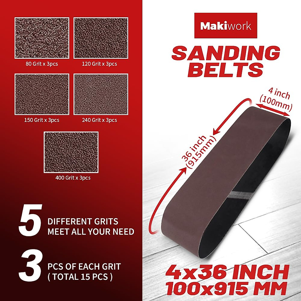 4 x 36 Inch 100 x 915 mm Sanding Belts Set - 15-Pack with 80/120/150/240/400 Grits, Aluminum Oxide Abrasive Belts for Woodworking