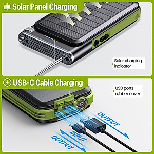 Fokimdo Solar Charger Power Bank 36800mAh, Wireless Charging, Built-in 2 Cables with Emergency Radio & Flashlight, Waterproof Fast Charge for Hiking, Camping, Travel, and Emergency Preparedness