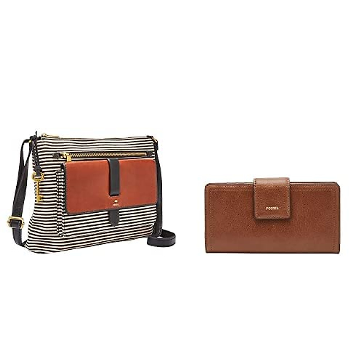 Fossil Women's Kinley Fabric Large Crossbody Handbag, Black Stripe with Women's Logan Faux Leather RFID Tab Clutch Wallet, Brown
