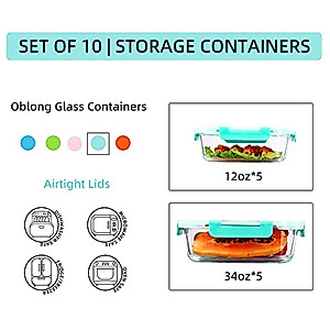 YANGNAY 10 Pack Glass Food Storage Containers with Airtight Lids, Leak-Proof Meal Prep Containers with Lids, Dishwasher/Microwave/Oven/Freezer Safe (Mint Green)