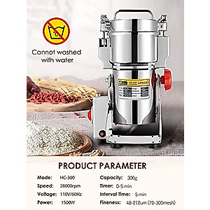 CGOLDENWALL 300g High-Speed Electric Grain Grinder Mill Stainless Steel for Commercial Spice Grinder Pulverizer for Dried Cereals Grains Spices Herbs 110V Gift for Mom/Wife