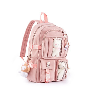 BUNXIZHUN Kawaii Backpack, 20L, Pink, Adjustable, for School Girls & Women with Kawaii Pin & Accessories
