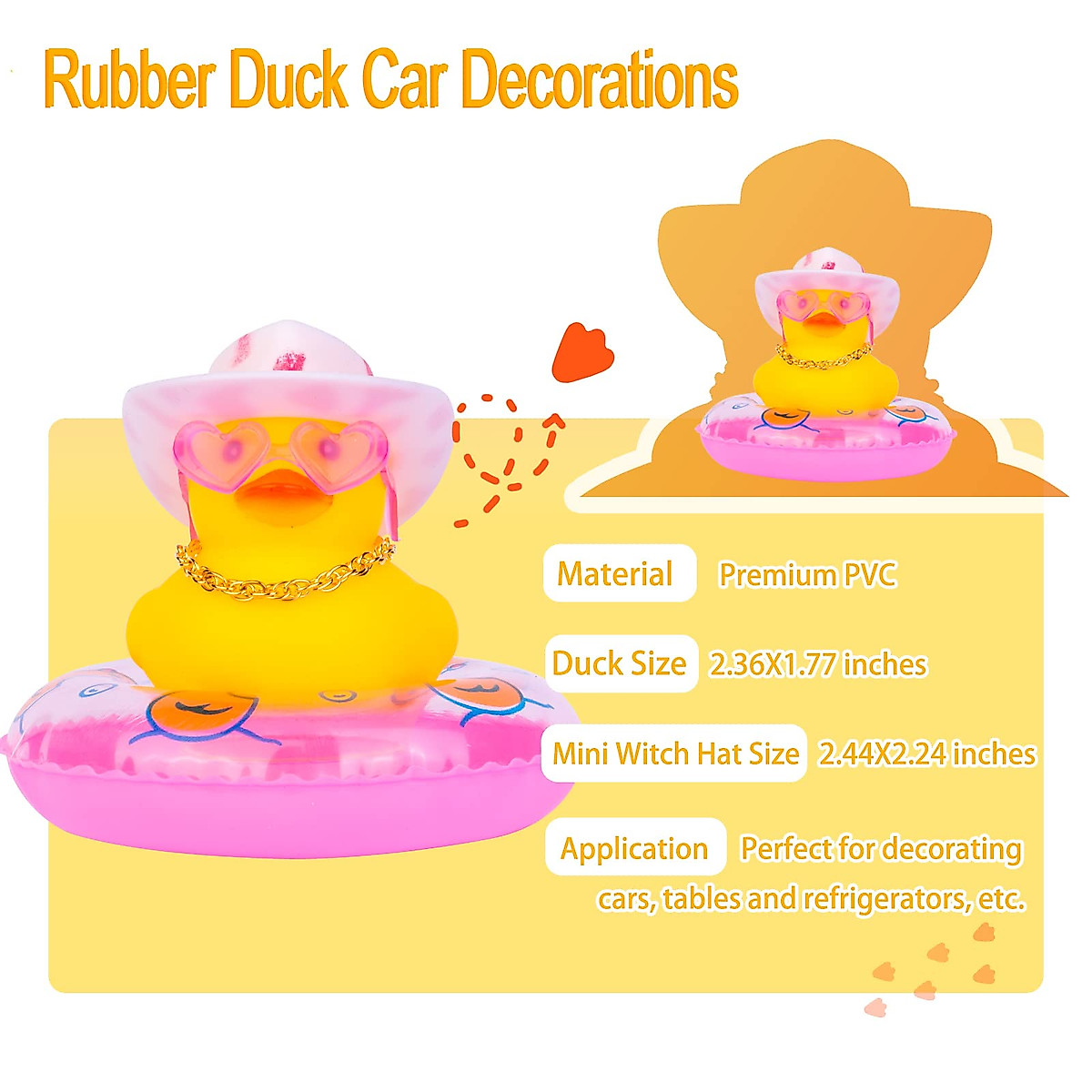 MuMyer Yellow Duck Dashboard Decorations Mini Rubber Ducks Car Ornament Accessories with Mini Cowboy Hat Swim Tube Necklace and Love Shaped Sunglasses(L4)