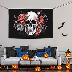 Large Skull and Floral Banner 47x71 Inches, Outdoor Party Wall Decorations Gifts, Pink Flowers Indoor Theme Hanging Backdrops for Photography Supplies