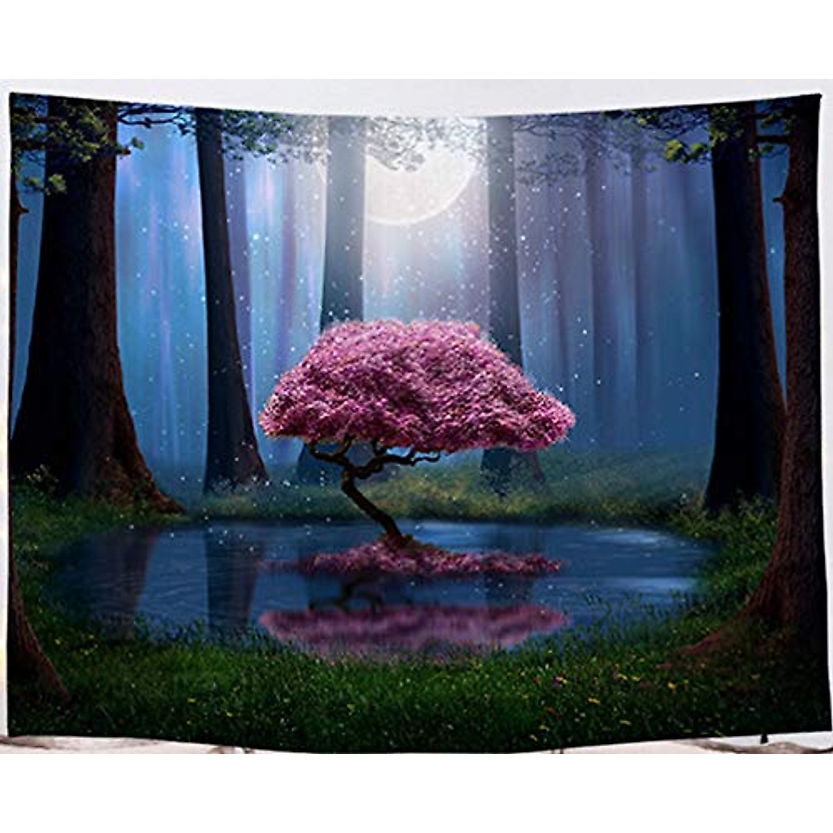 Amiiba Magical Cherry Tree Wall Tapestry Psychedelic Forest and Moon Tapestry Wall Hanging Moonlight Romantic Home Decoration for Bedroom Living Room (Cherry, M - 59"x51")