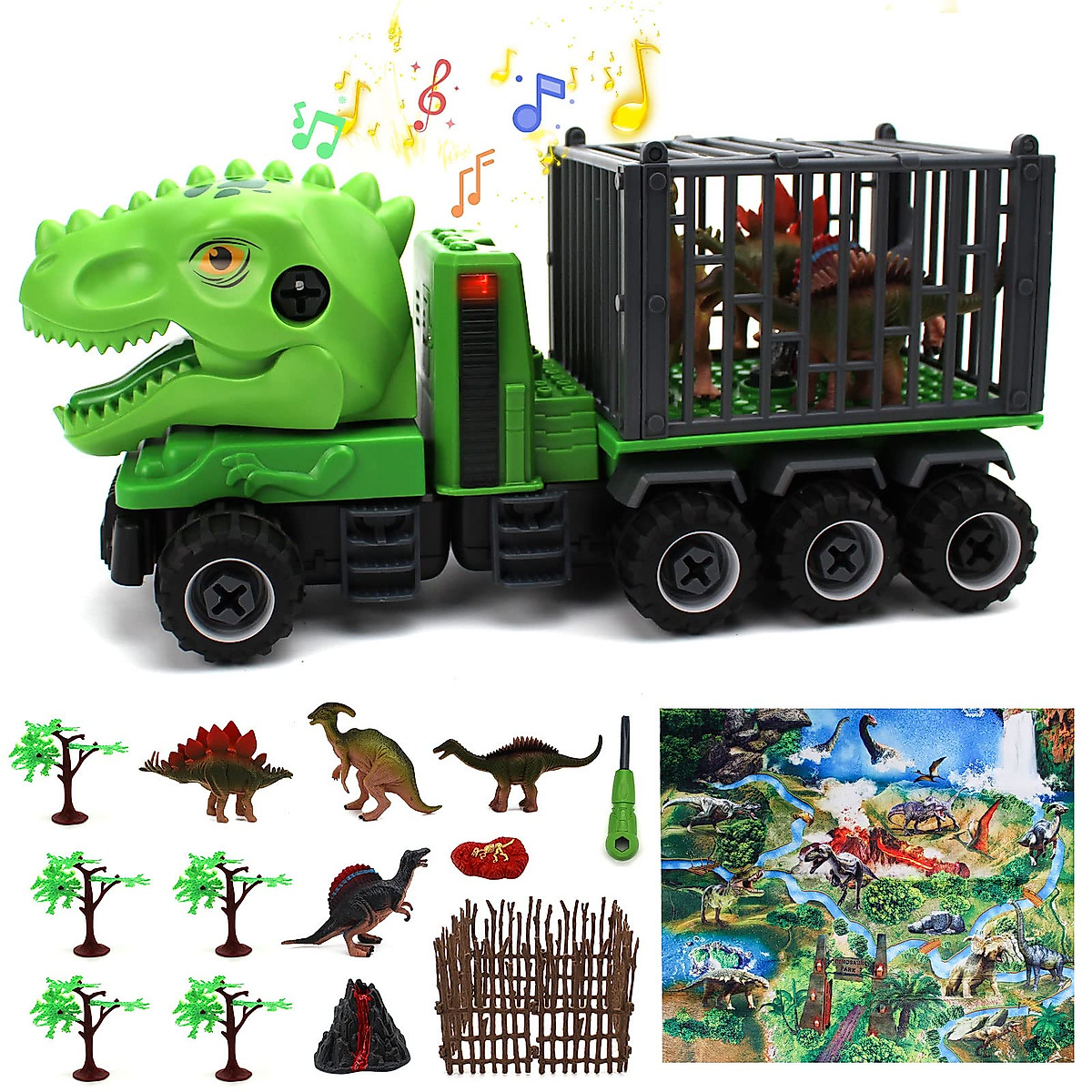 Happytime Snap Dinosaur Truck Toy Transport Carrier for Kids with Play Mat, Lights, Sounds Realistic Dinosaurs, Take Apart Monster Dino Car Truck STEM Toys Christmas Birthday Gift for Boys Grils