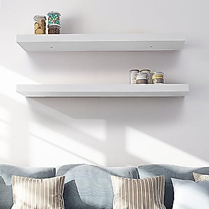Fun Memories Floating Shelves 36 Inch Long, Rustic White Wood Shelves 8 Inch Deep, Farmhouse Large Display Wall Shelves for Bedroom, Living Room, Kitchen, Set of 2, 36" W x 8" D x 1.6" H