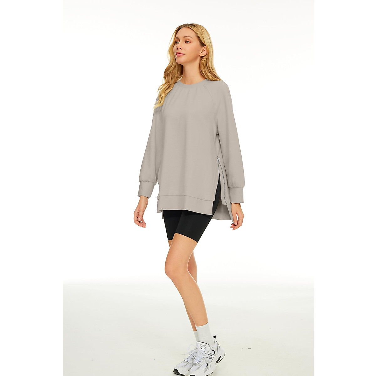 EFAN Womens Oversized Sweatshirts CrewNeck Pullover Soft Y2K Hoodies 2025 Fall Outfits Zipper Teen Girls Clothes Sweaters CreamGrey M