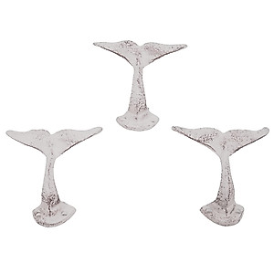 Distressed White Whale Tail Cast Iron Wall Hooks, Wall Mounted for Hanging Coats, Purses, Towels, Hats, Beach Themed Wall Décor, Set of 3, 4.75 Inches High