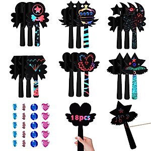 Scratch Art Set Wand Shape Witch Fake Gems, Customized Rainbow Scratch Paper Art Set for Kids, Black Scratch Art Paper Wand for Girls & Boy Birthday Halloween Christmas Party Supplies 18 PCS