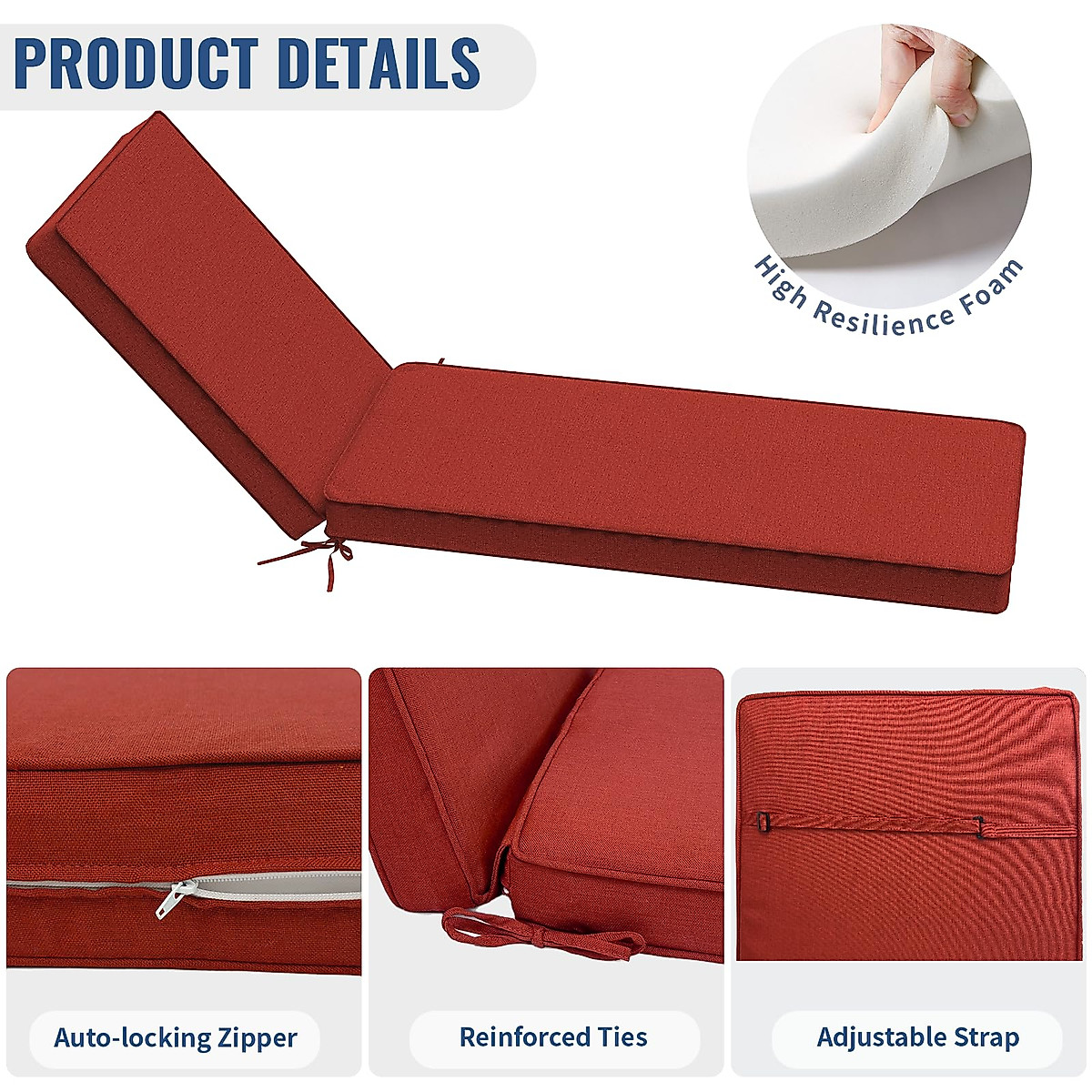 TWLEAR Outdoor Chaise Lounge Cushion for Patio Furniture 72 x 21 x 3 Inch, Water Resistant Patio Lounge Chair Cushion with Straps for Lawn Pool Furniture, 1 Pack, Olefin Brick Red