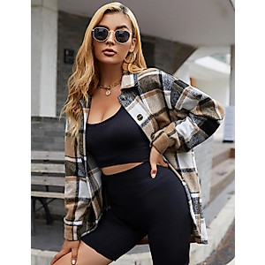 Yeokou Women's Fall Color Block Plaid Flannel Shacket Jacket Button Down Shirt Coat Tops(Khaki-S)