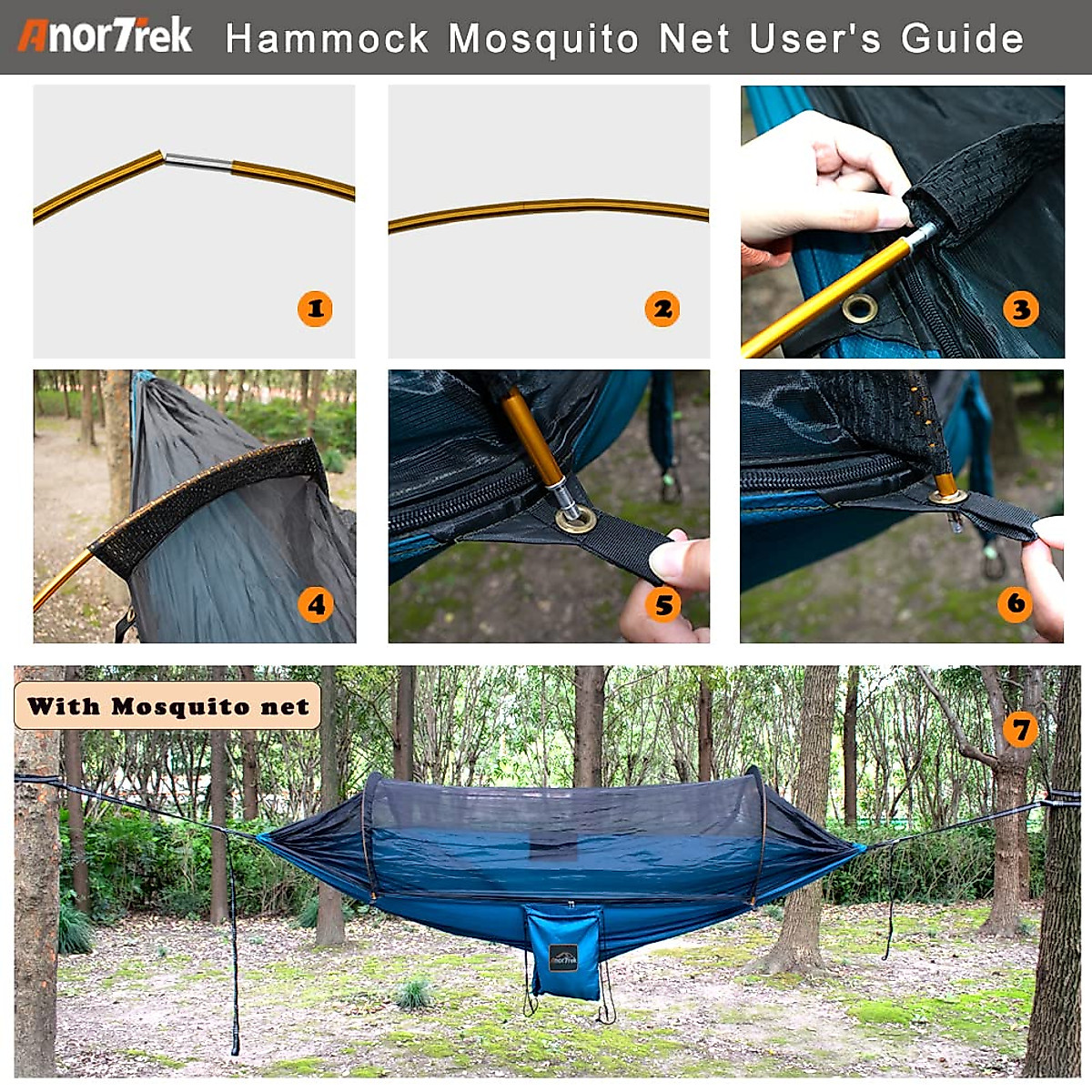 AnorTrek Professional Camping Hammock with Mosquito Net, Lightweight Portable Double Hammock with Two 10 FT Hammock Tree Straps, 230T Nylon Hammock for Camping, Hiking, Yard, Backpacking Blue