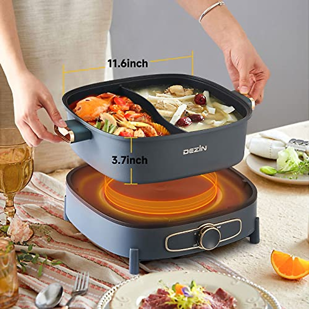 Dezin Hot Pot Electric with Divider, 5L Double-Flavor Electric Shabu Shabu Pot, Removable Non-Stick Dual Sided Electric Cooker, 3" Depth Divided Pot with Multi-Power Control, 2 Silicone Ladles Included