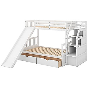 Twin Over Full Bunk Bed with 2 Drawers and Slide,Solid Wood Bunk Bed Frame with Convertible Storage Staircase for Kids, Teens Bedroom, Guest Room Furniture, No Box Spring Needed