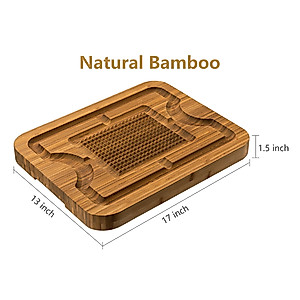 eletecpro Turkey Cutting Board with Grid Grip, Large 17x13x1.5 Inch Bamboo Steak Carving Board, Thick Butcher Block Reversible with Deep Juice Drip Grooves, Thick Serving Tray, Coffee