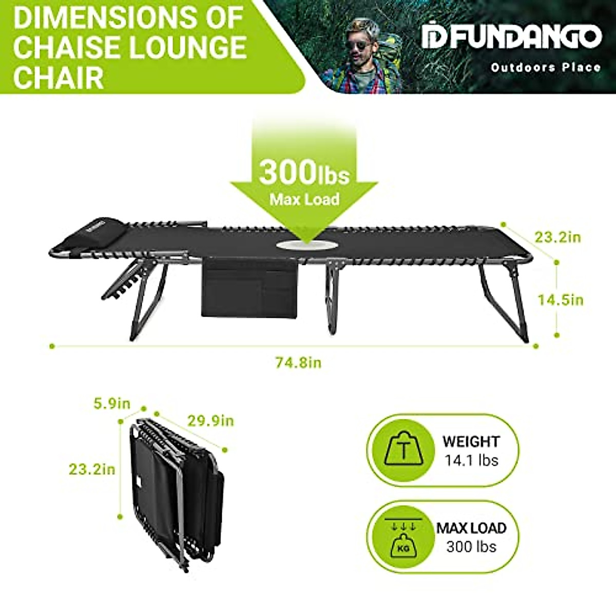 FUNDANGO Lounge Chair, L74.8 x W23.2 x H13.3 inch, Black_74.8" L x 23.2" W