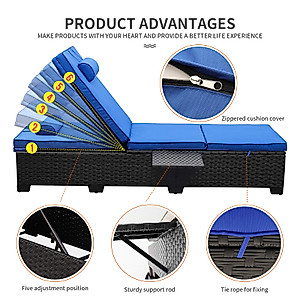 WAROOM Outdoor Chaise Lounge Chair PE Wicker Patio Furniture Set of 2 Black Rattan Pool Lounge Chairs Adjustable Backrest Recliners with Royal Blue Cushion