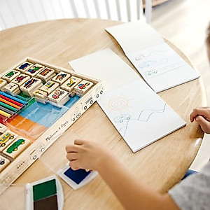 Melissa & Doug Deluxe Wooden Stamp and Coloring Set – Vehicles (30 Stamps, 6 Markers, 2 Durable 2-Color Stamp Pads)