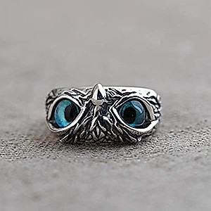 COLORFUL BLING 2pcs Gothic Demon Eye Owl Ring Set Adjustable Retro Open Antique Silver Crystal Band Rings for Women Men Animal Lucky Retro Jewelry