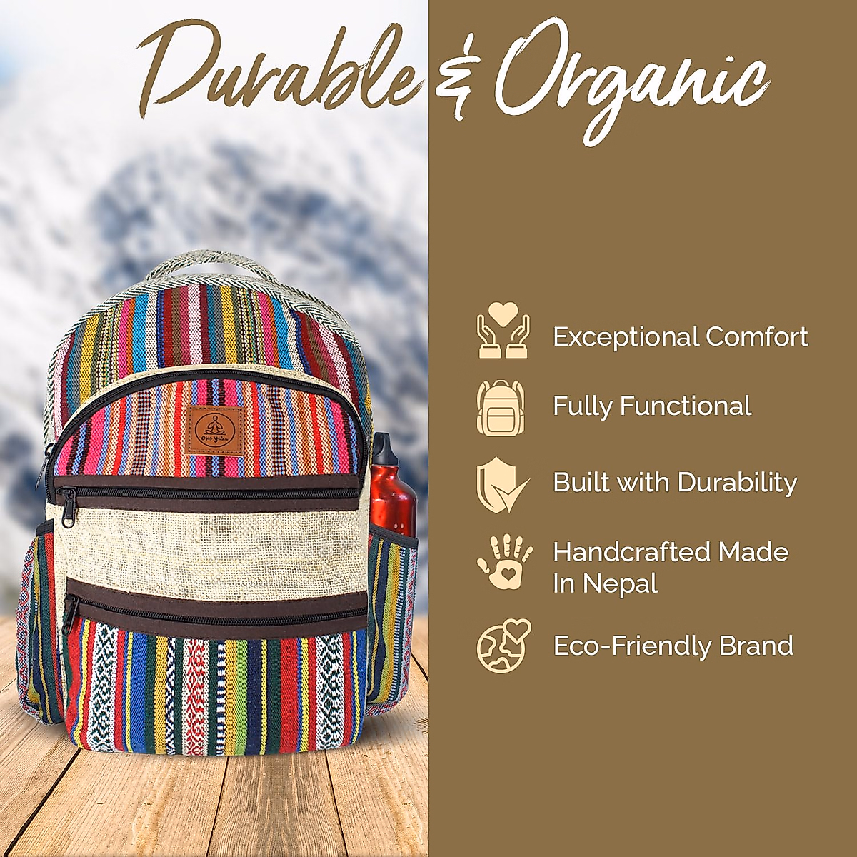 Ojas Yatra Large Hemp Backpack - Multi Pocket Organic Himalayan Student Bag Packs for Laptop - Boho/Hippie Himalayan Bag for Travel & Festivals
