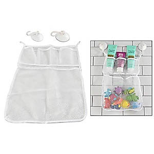 HOME-X Bathtub Toy and Bathroom Mesh Bag with Suction Cup Hooks Organizer, Bathtub Storage, Baby Bath Toy Organization, White-18" L x 12 1/2" W