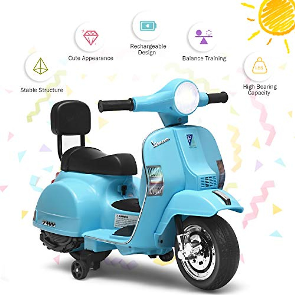 Costzon Kids Vespa Scooter, 6V Battery Powered Ride on Motorcycle w/Training Wheels, Music & Horn, LED Lights, Forward/Reverse, Rechargeable Electric Vehicle Gift for Toddler Boys Girls (Light Blue)
