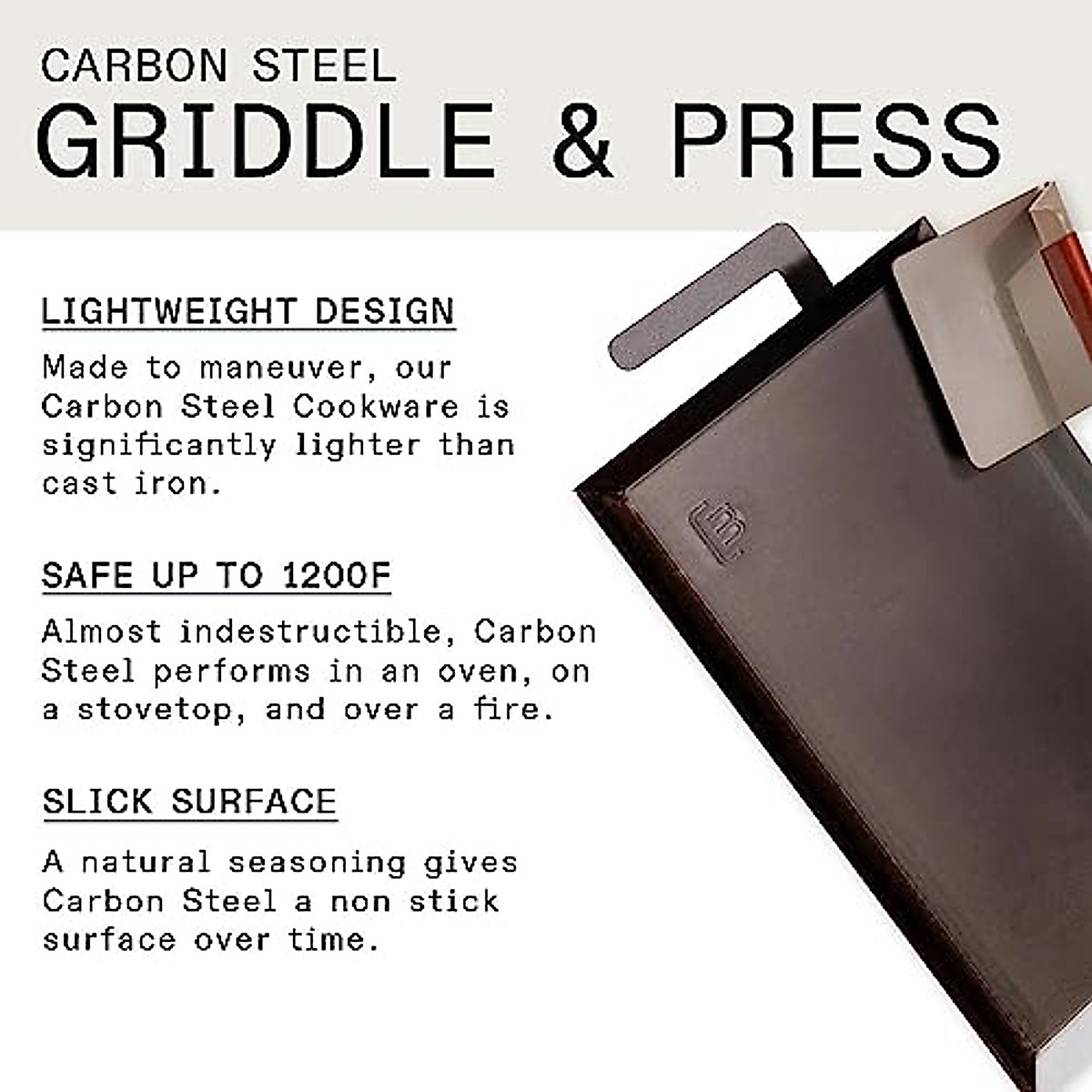 Made In Cookware - Carbon Steel Griddle + Grill Press - (Like Cast Iron, but Better) - Professional Cookware - Made in Sweden - Induction Compatible