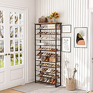 HOOBRO 12-Tier Shoe Rack, Large Capacity Shoe Storage Organizer, Holds 35-45 Pairs of Shoes, Metal Frame, Industrial, for Entryway, Closet, Hallway, Living Room, Rustic Brown and Black BF127XJ01