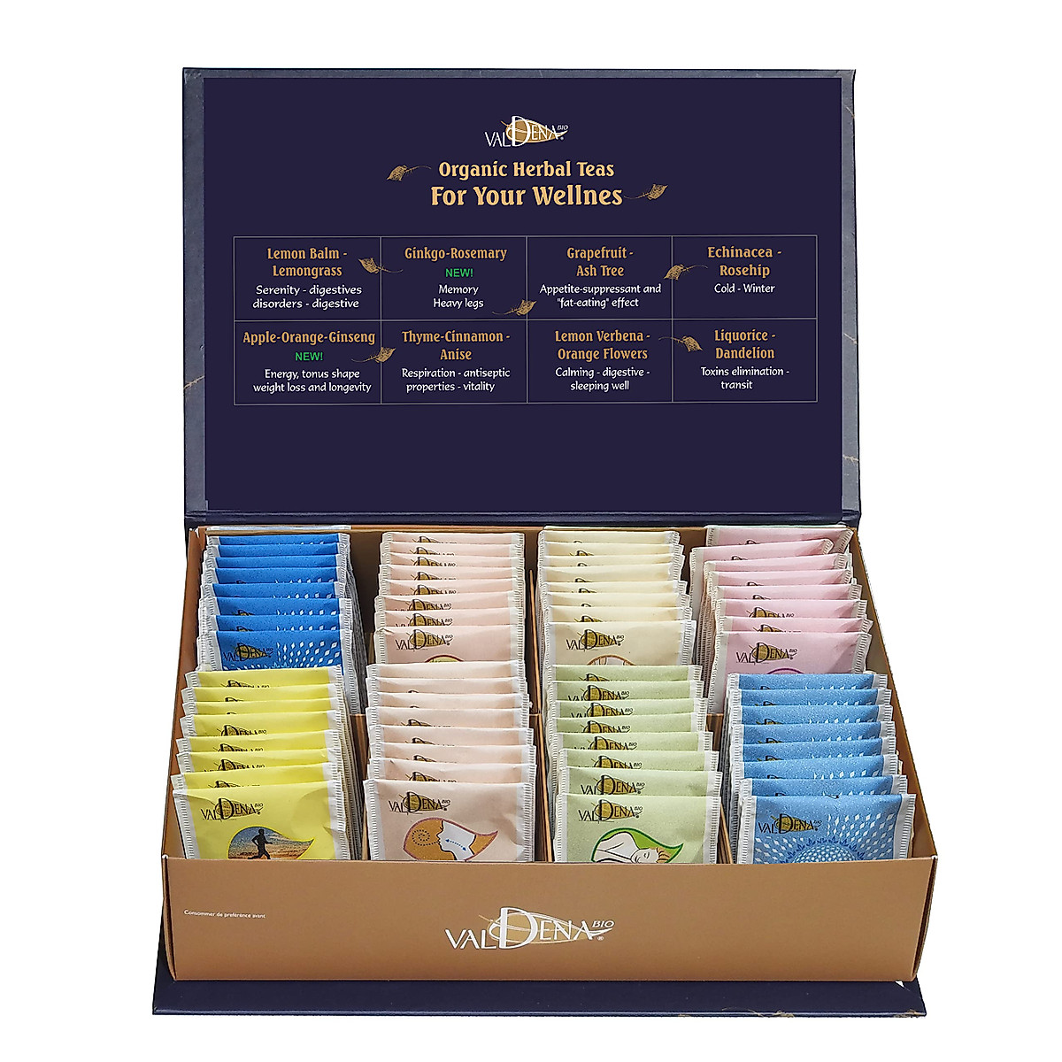 Valdena Bio Organic Herbal Tea Variety Pack, Tea Sampler Gift Set Box, 8 Flavors Assorted Tea, Total of 64 Tea Bags, Caffeine Free Tea Set with Variety of Health Benefits