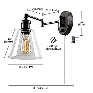 Globe Electric 65311 1-Light Plug-in or Hardwire Industrial Wall Sconce, Dark Bronze Finish, On/Off Rotary Switch, 6ft Clear Cord, Clear Glass Shade, Wall Lights for Bedroom Plug in, Kitchen Sconces