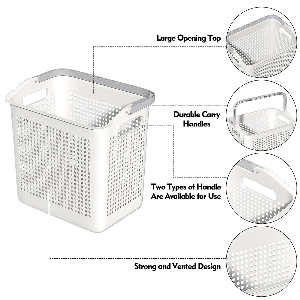 Tyminin Pack of 4 Plastic Laundry Hamper Basket, Dirty Clothes Storage Hamper Bin with Handle, White