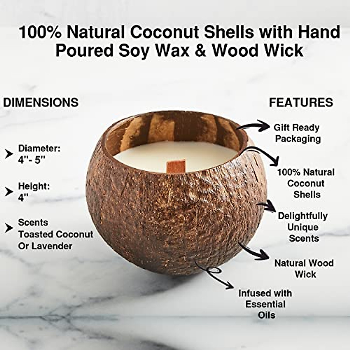 Cocowhoa Coconut Shell Candle, Scented Soy Essential Oil Infused Candle, Natural Wood Wick, Made with Reclaimed Coconut Shells, Eco-Friendly, Toasted Coconut Scent