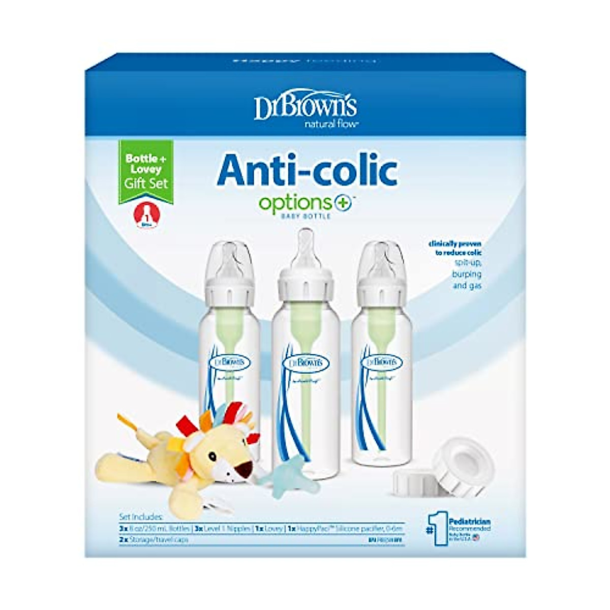 Dr. Brown's Natural Flow® Anti-Colic Options+™ Narrow 8oz/250mL Baby Bottle + Lovey Gift Set with Level 1 Slow Flow Nipples