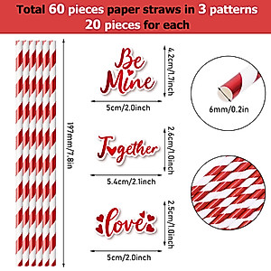 Whaline Valentine's Day Paper Straws 60Pcs Metallic Red Drinking Straws with 60Pcs Foil Red Letter Slices White Stripe Disposable Straws for Beverages Cocktail Wedding Birthday Party Supplies