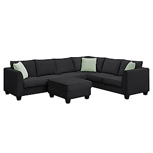 P PURLOVE Sectional Sofa, 7 Seats Modular Sectional Sofa with Ottoman, Fabric Sofa Corner Couch Set with 3 Pillows (Black)