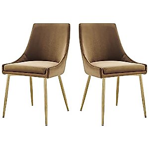 Modway Viscount Performance Velvet Upholstered Side Dining Chairs Set of 2, Gold Cognac