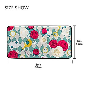Kuizee Kitchen Rug Kitchen Mat Roses Card Key Clock Alice in Wonderland Blue Bathroom Rug Hallway Entry Rugs Non Slip Soft Water Absorbent 39×20 Inch