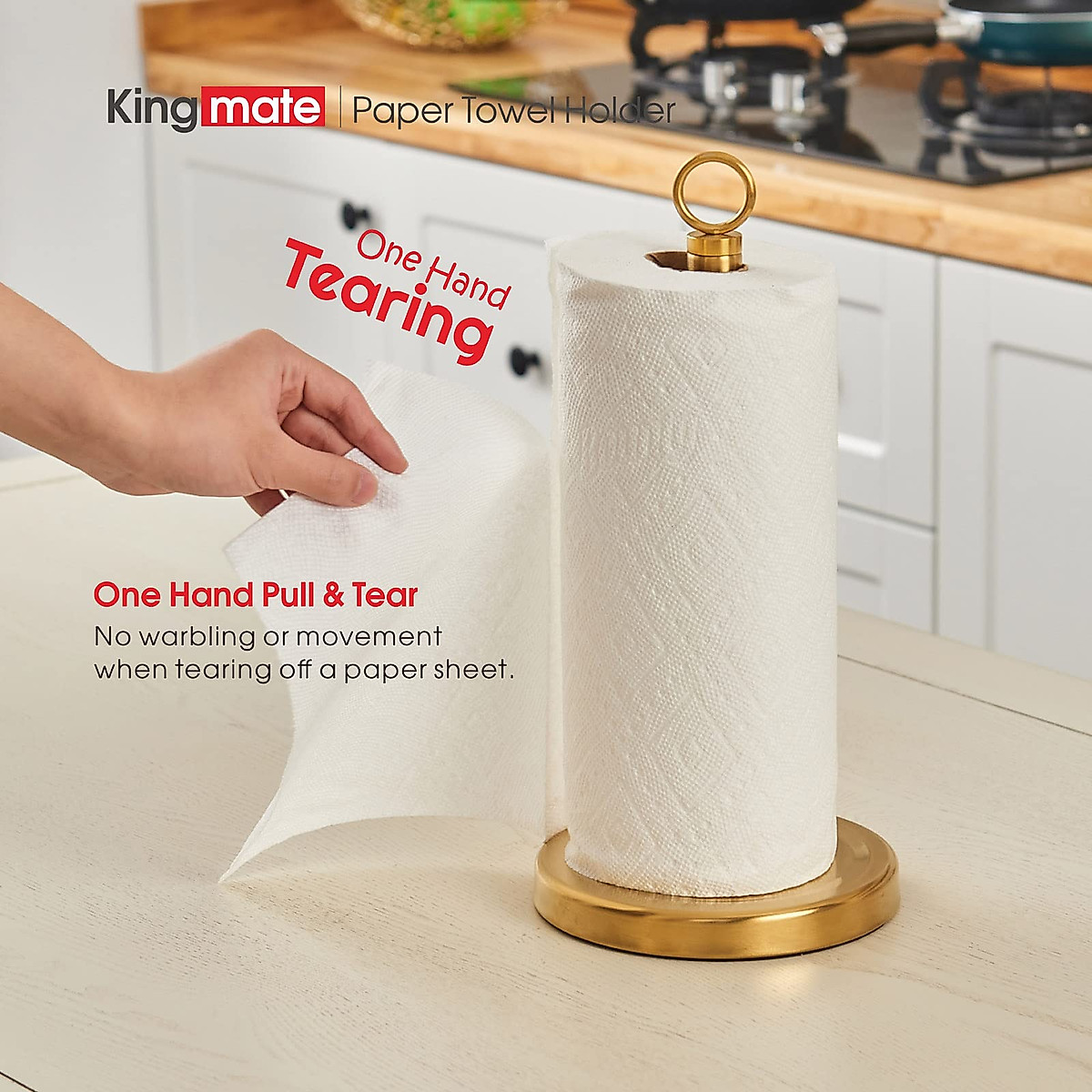 Kingmate Paper Towel Holder Stand, Free Standing Kitchen Roll Holder Countertop, Solid Ring Top, Stainless Steel, One Hand Tearing (Brushed Nickel)