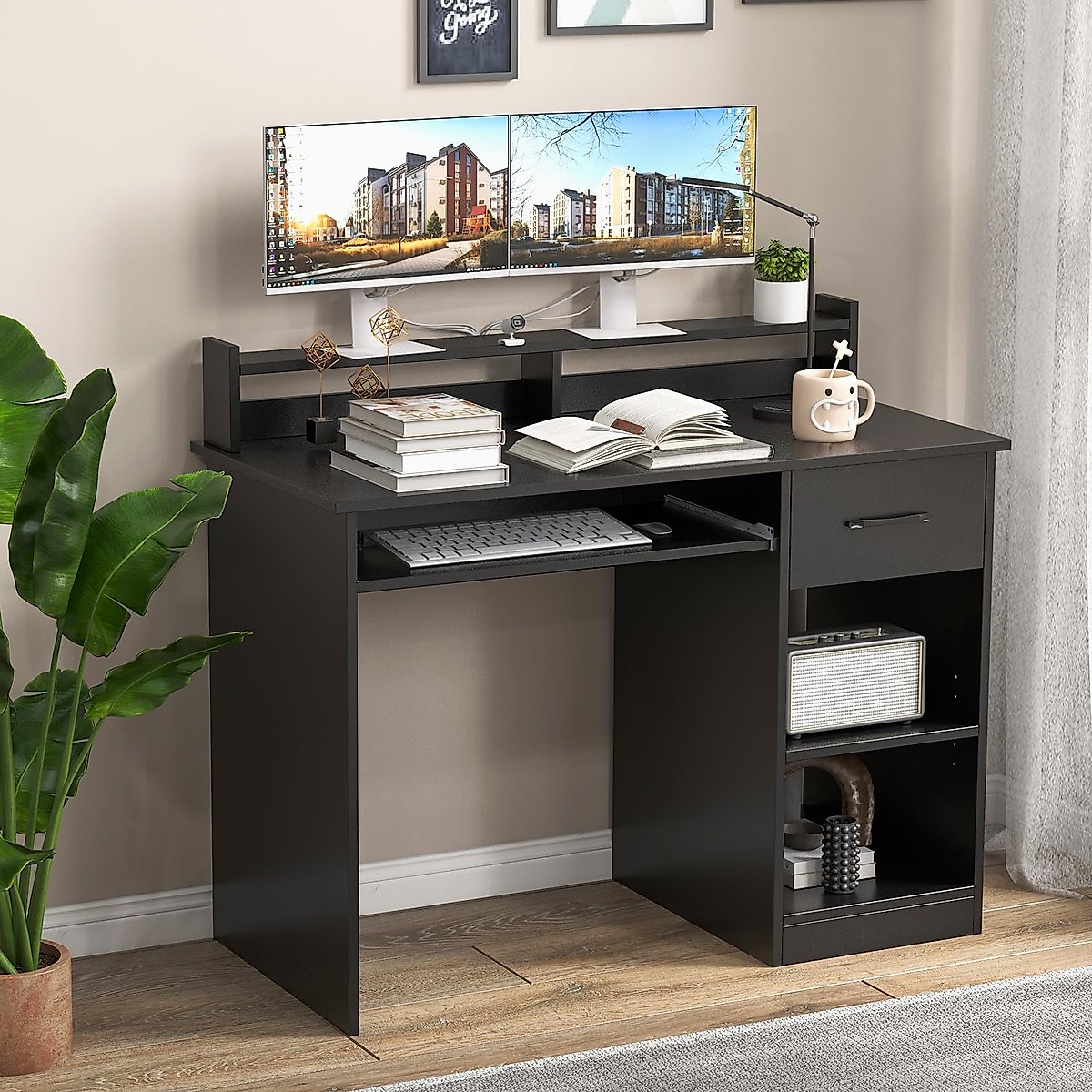 HAPPYGRILL Computer Desk with Monitor Stand, Home PC Office Desk with Keyboard Tray, Drawer & CPU Stand, Study Writing Desk Home Workstation Desk with Display Shelf