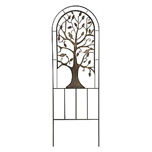 Plow & Hearth Arched Metal Garden Trellis with Symbolic Tree of Life Design, Weather-Resistant Matte Black Powder-Coat Finish and Burnished Bronze Highlights
