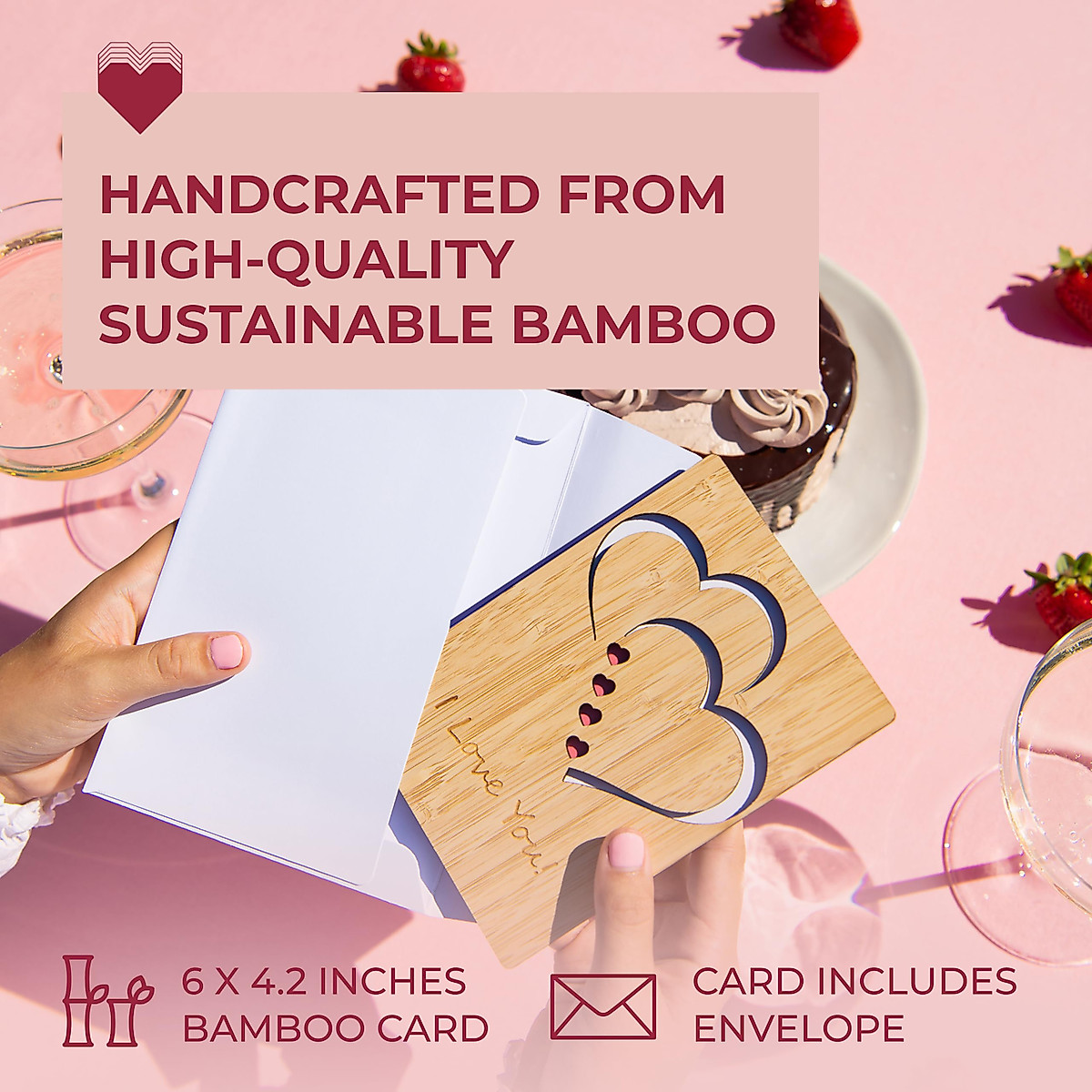 Valentine’s Day Cards for Her Him, Wood Valentines Cards for Husband Wife, Anniversary Card by HeartSpace, Classic Hearts Design: Wooden Greeting Cards, Handmade Made from Sustainable Bamboo, Love Card, Valentines Day Gift, Valentine Card, Valentine's Day