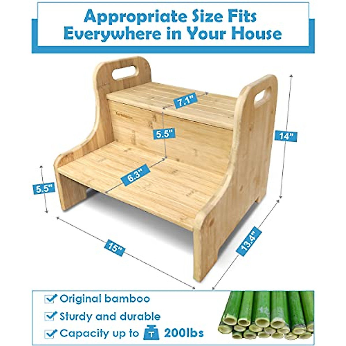 Garbuildman 2 Step Stool for Kids, Bamboo Toddler Stepping Stool with Handles for Children, Detachable Small Bathroom Toilet Potty Training & Kitchen Kid’s Learning Step Stool