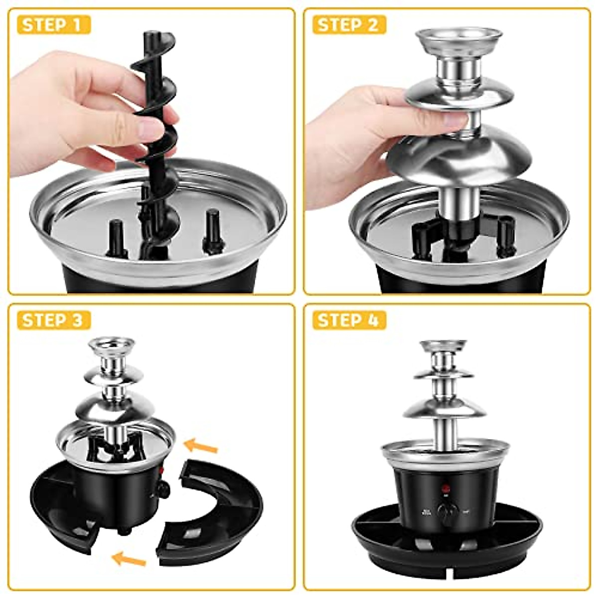 Micnaron 3 Tiers Chocolate Fountain Chocolate Fondue FountainElectric Melting Chocolate Machine Mini Hot Chocolate Fondue Pot Stainless Steel Heated Basin Chocolate Fountain With Fruit & Nut Plate For Nacho Cheese, BBQ Sauce, Ranch, Liqueurs（Black）