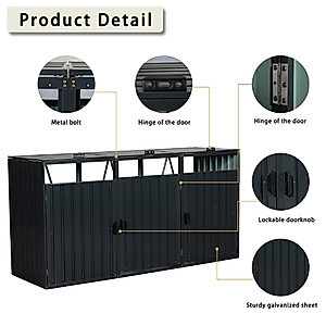 Jintop 94.48" Metal Garbage Bin Shed Stores with Ventilated and Lockable,Patio Furniture 3 Trash Cans Outdoor Sheds w/Rust-Proof & Scratch- Resistant,for Garden Yard Lawn,Black