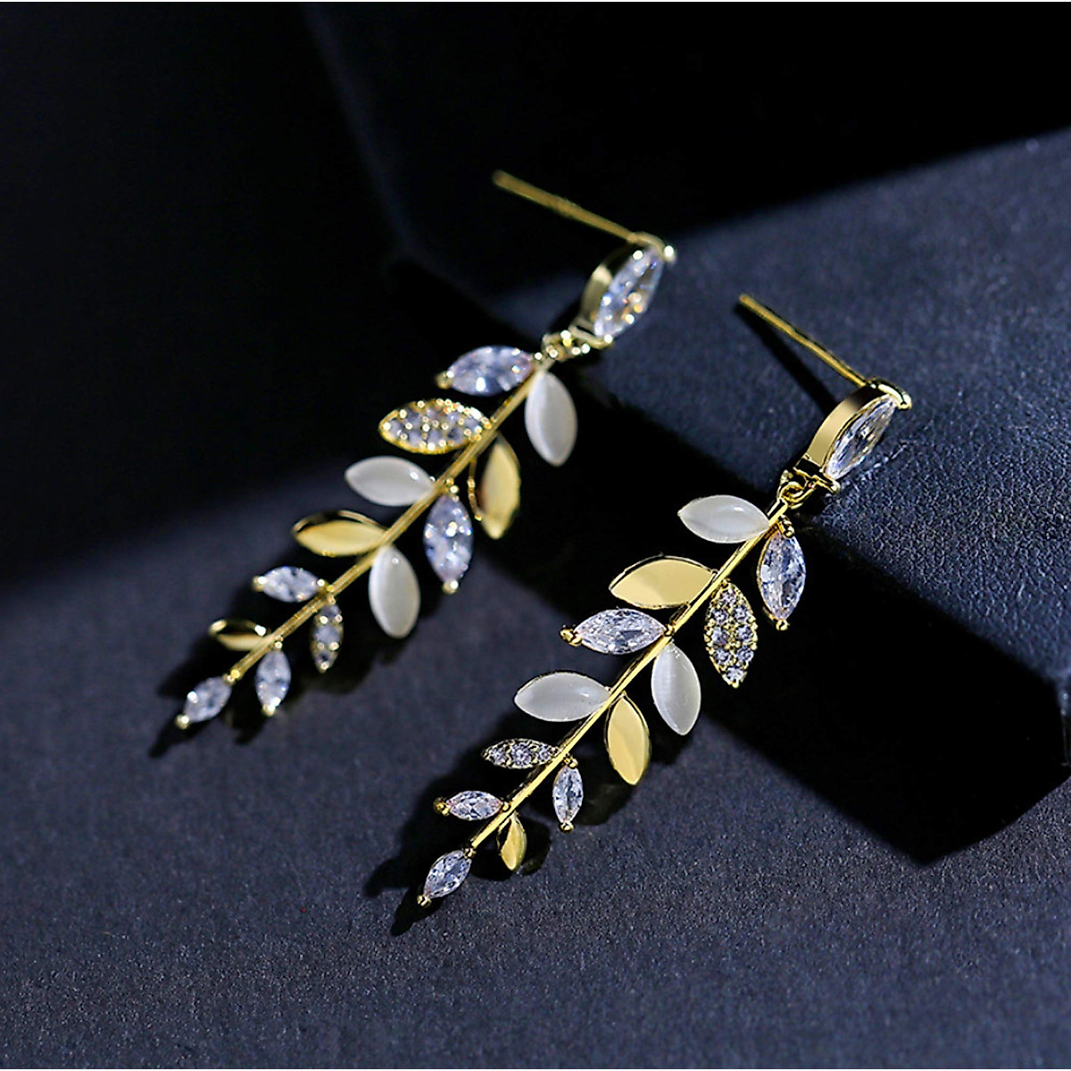 14K Gold Plated Olive Branch Leaf Cubic Zironia Cat Eye Dangle Earrings