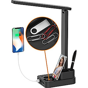 Drevet LED Desk Lamp with Pen Holder, Study Table Light with USB Charging Port, 3 Lighting Modes, 3 Level Brightness,1H Timer, Touch Control, Eye-Caring Lamp, Dorm Room Essential for College Students