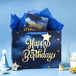 WRAPAHOLIC 13" Large Gift Bag with Card and Tissue Paper - Navy Star Gold Foil Happy Birthday